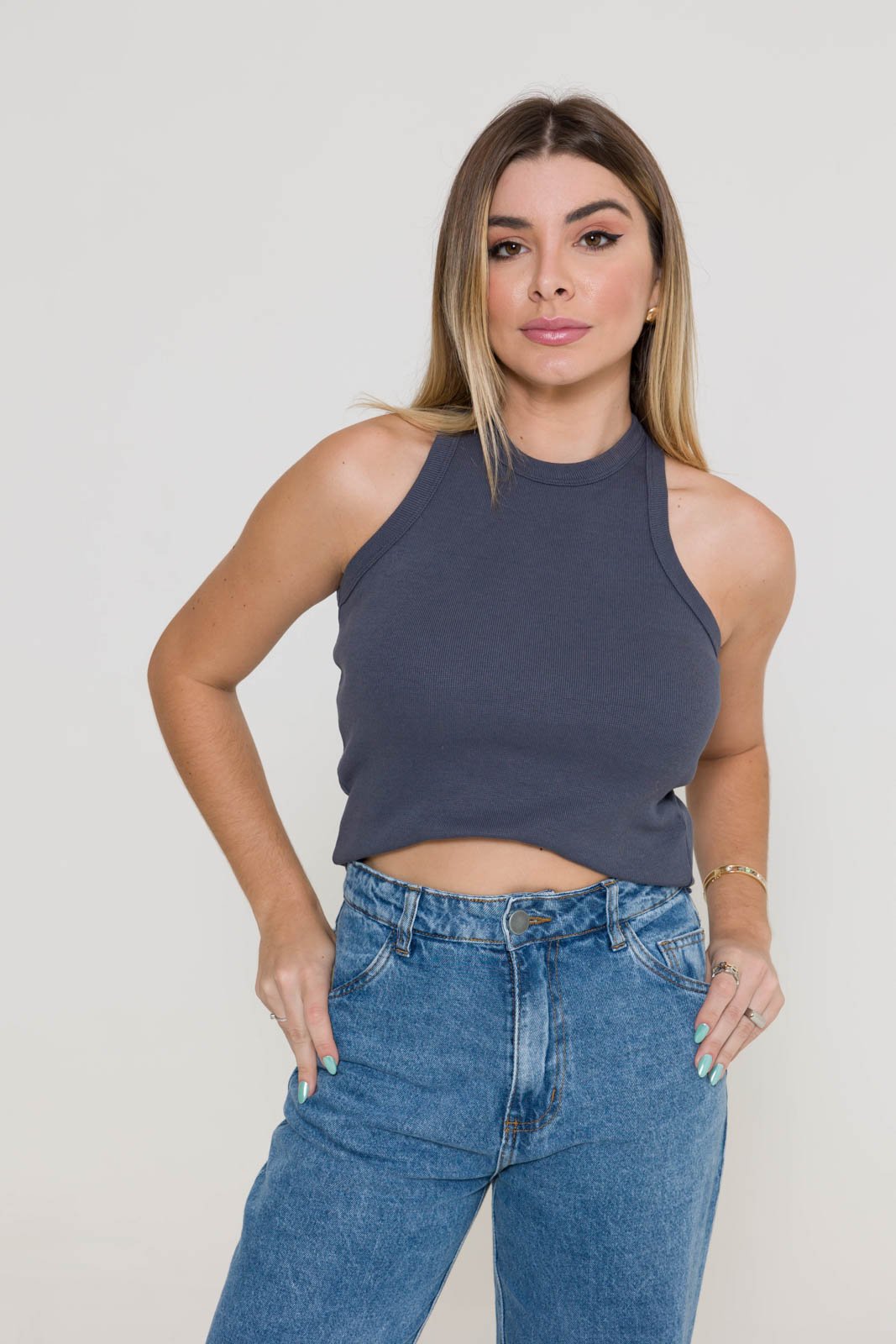 Regata Basic Ribana Canelada Cinza Platinum