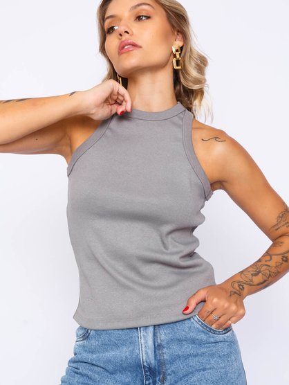 Regata Basic Ribana Canelada Cinza Claro